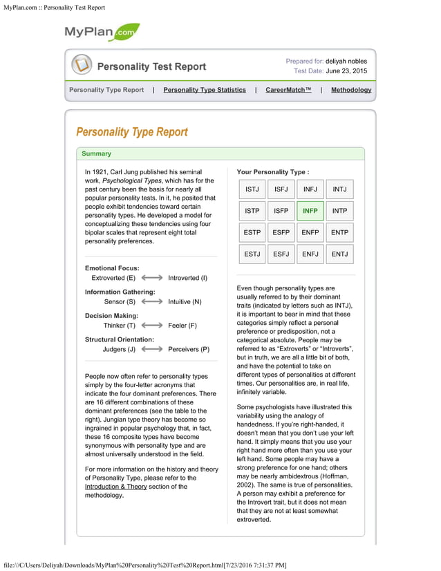 MyPlan Personality Test Report | PDF | Science