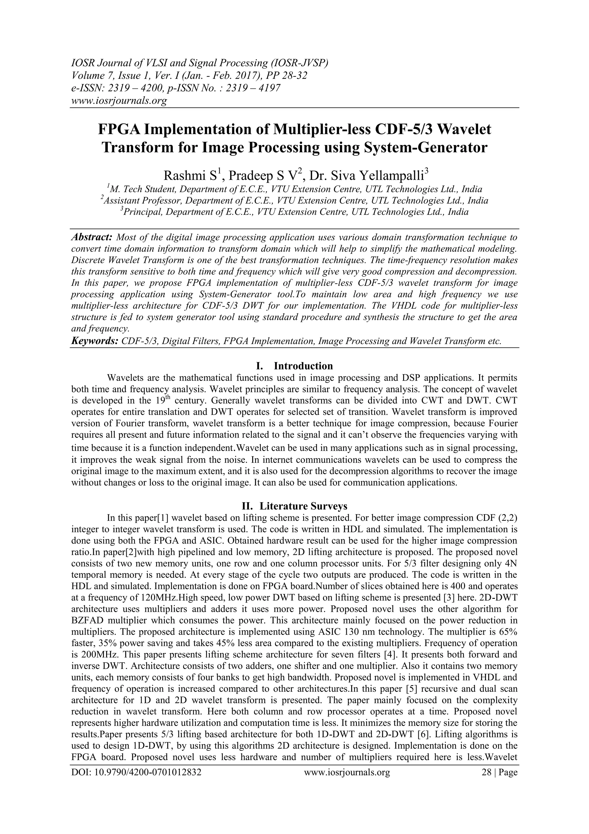 Fpga Implementation Of Multiplier Less Cdf 53 Wavelet Transform For Image Processing Using