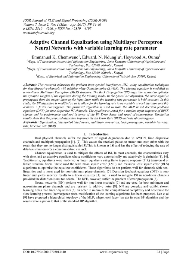 Adaptive Channel Equalization using Multilayer Perceptron Neural Networks with variable learning ...