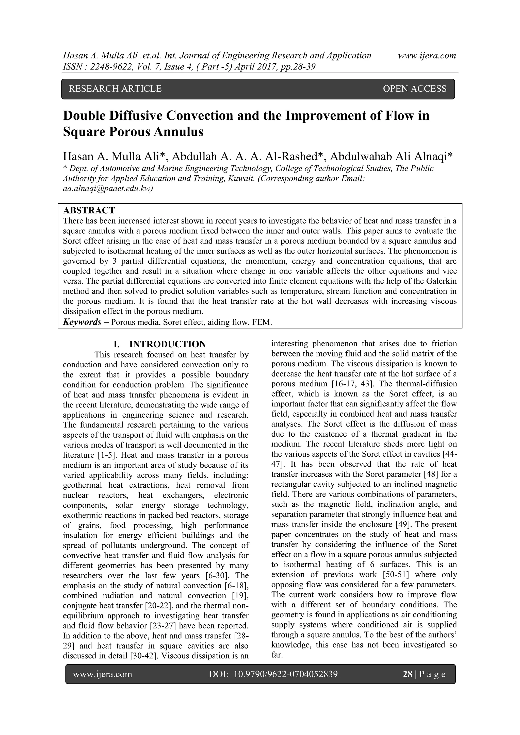 Double Diffusive Convection and the Improvement of Flow in Square Porous Annulus | PDF