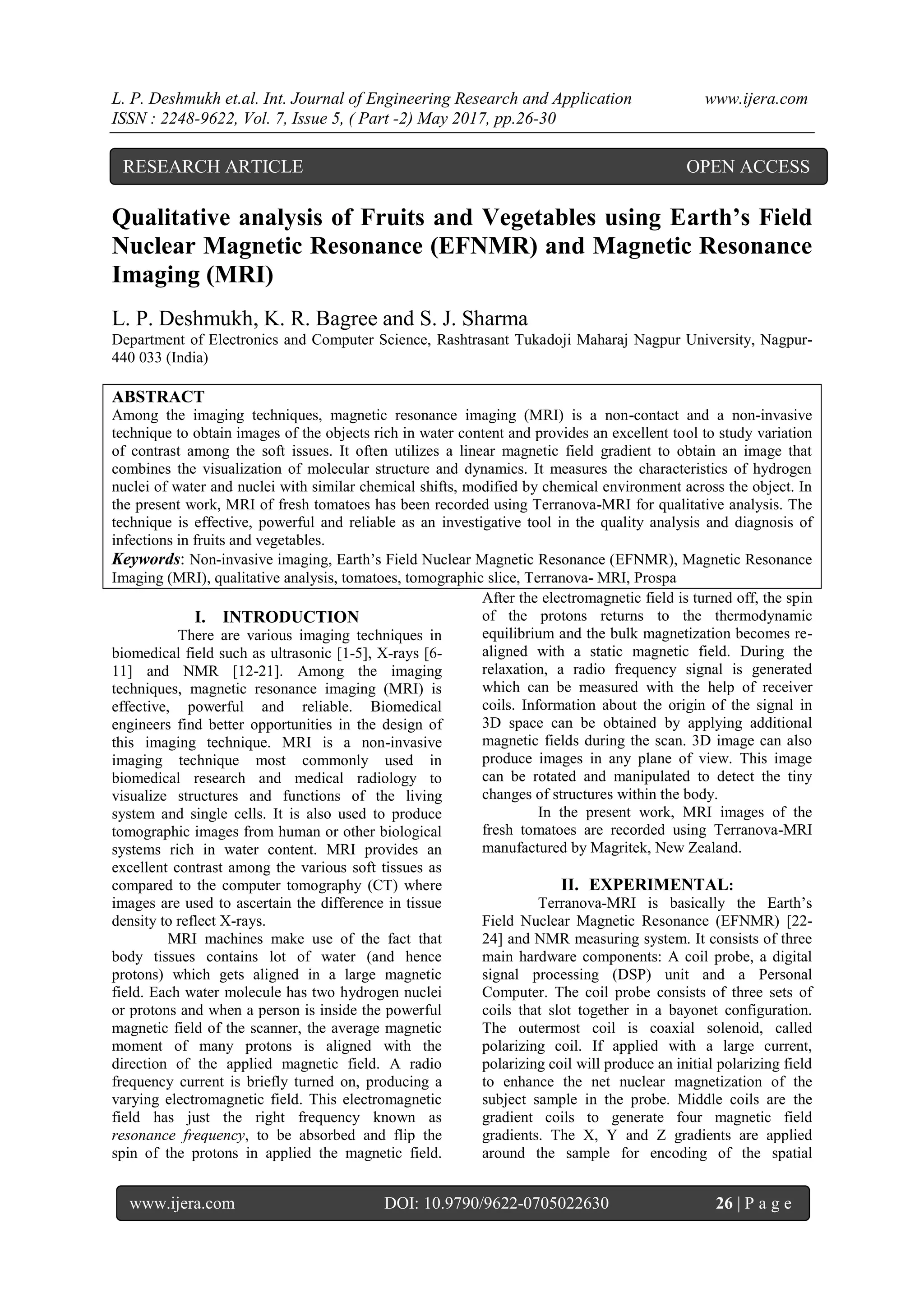 Qualitative analysis of Fruits and Vegetables using Earth’s Field ...