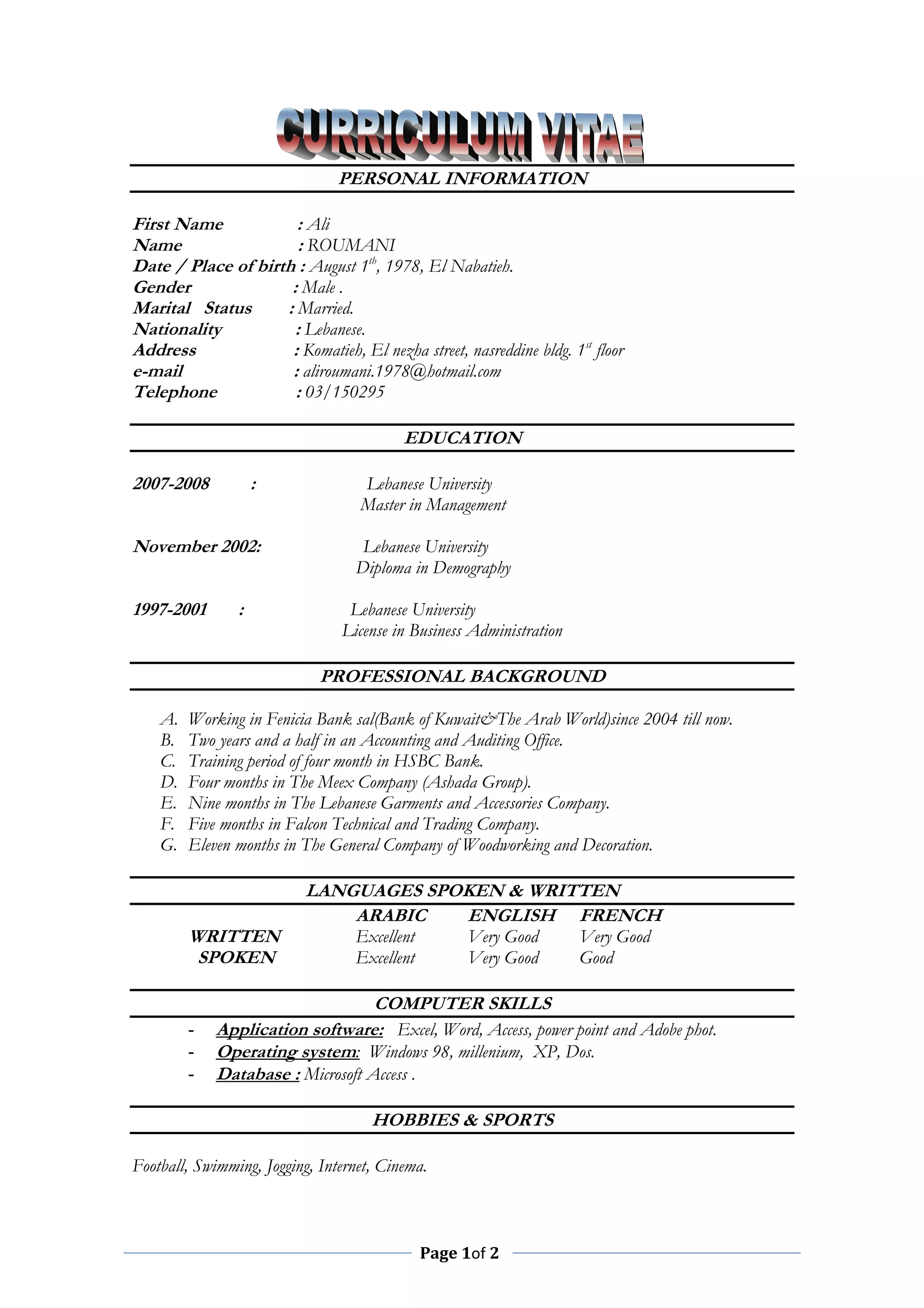 C.V. - Ali Roumani - new | PDF