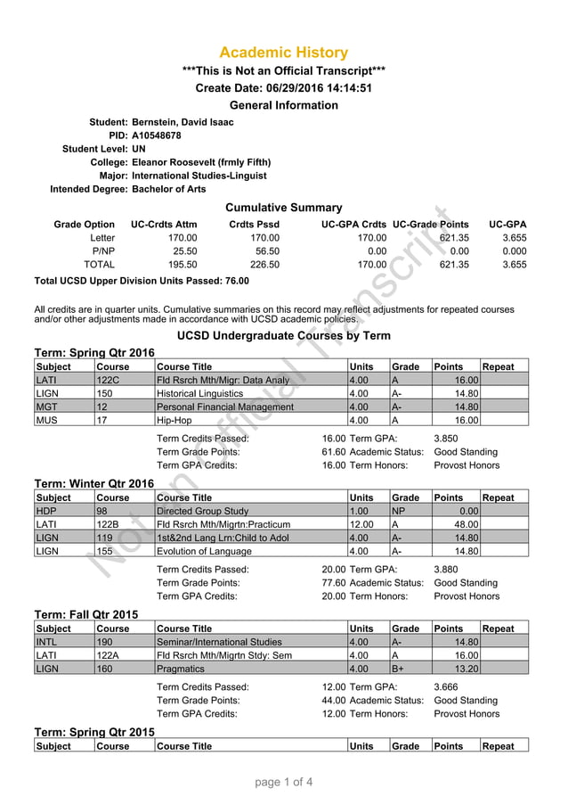 David Bernstein Unofficial Transcript | PDF