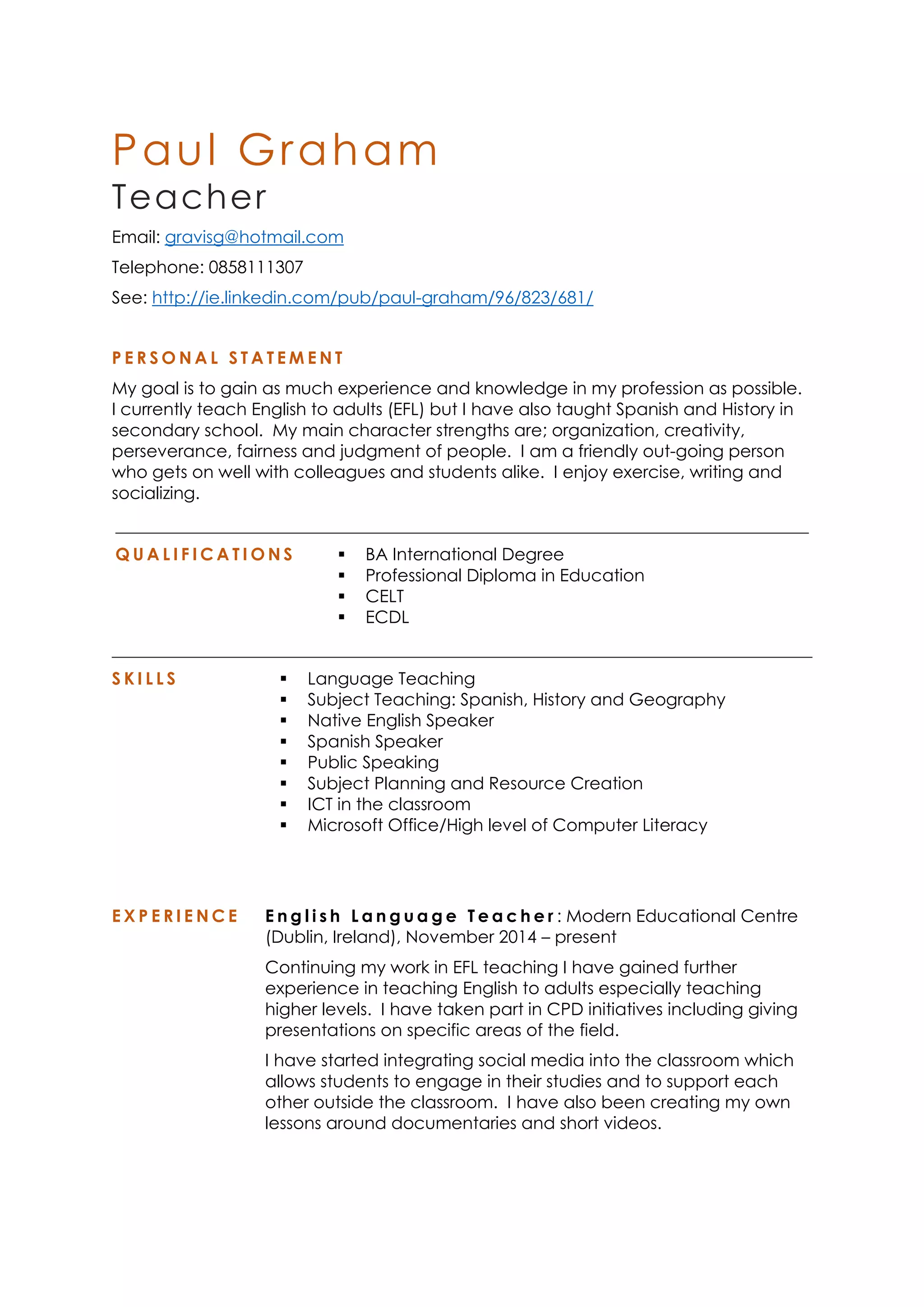 Paul Graham CV up to date 2015 | DOCX