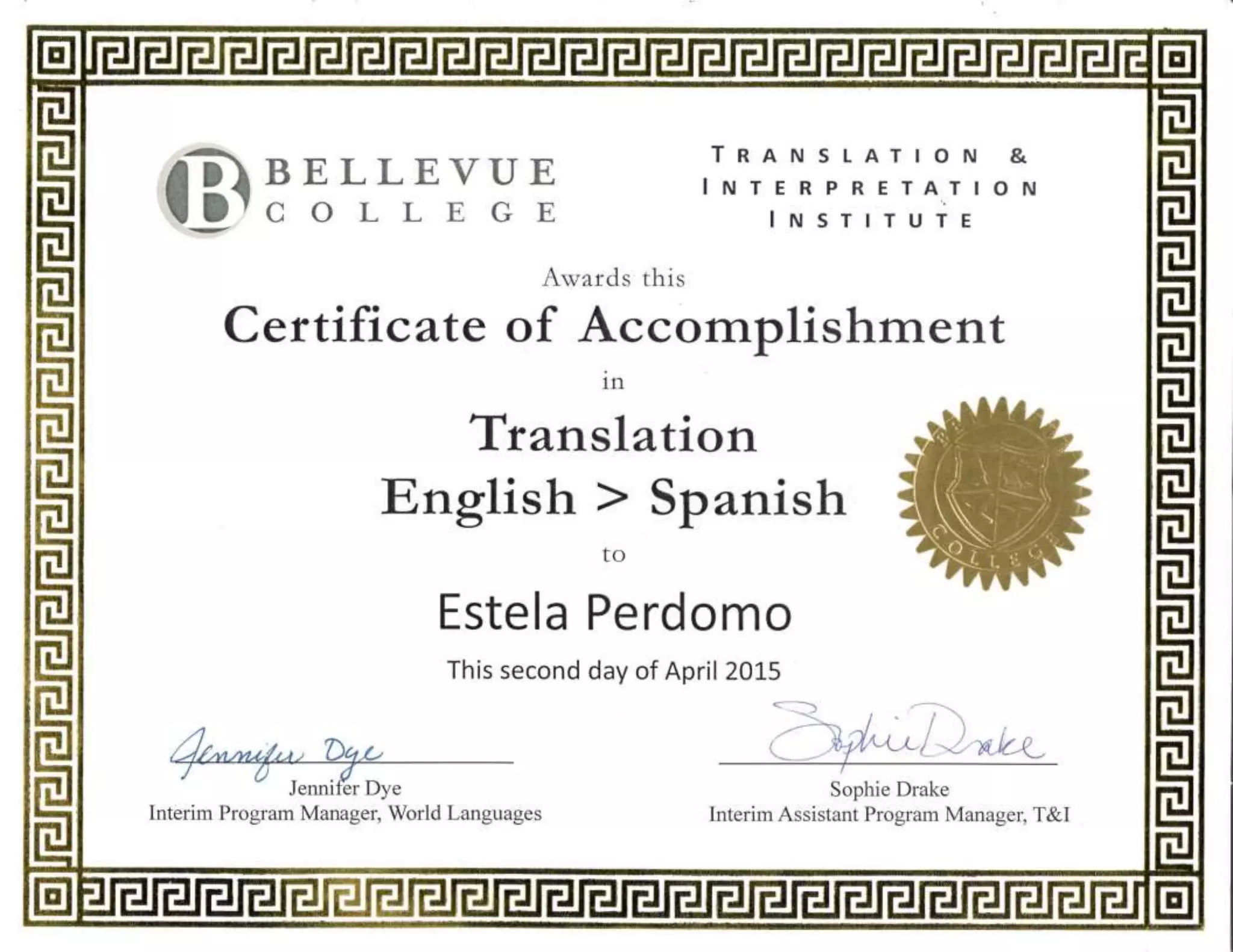 Bellevue College translation certificate | PPT