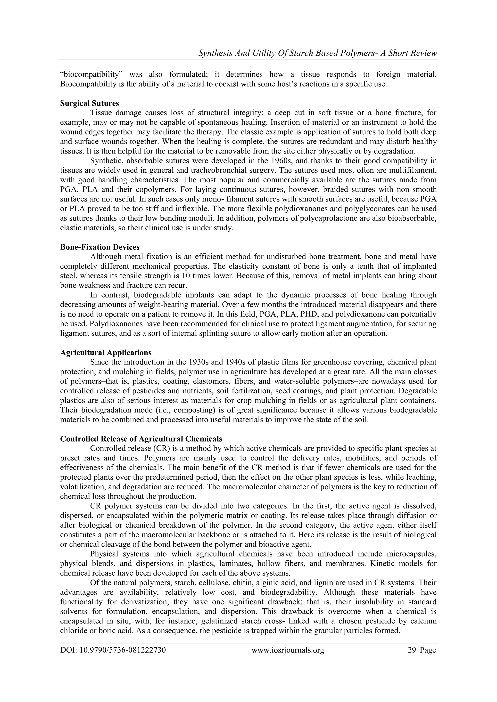 Synthesis and Utility of Starch Based Polymers- A Short Review | PDF