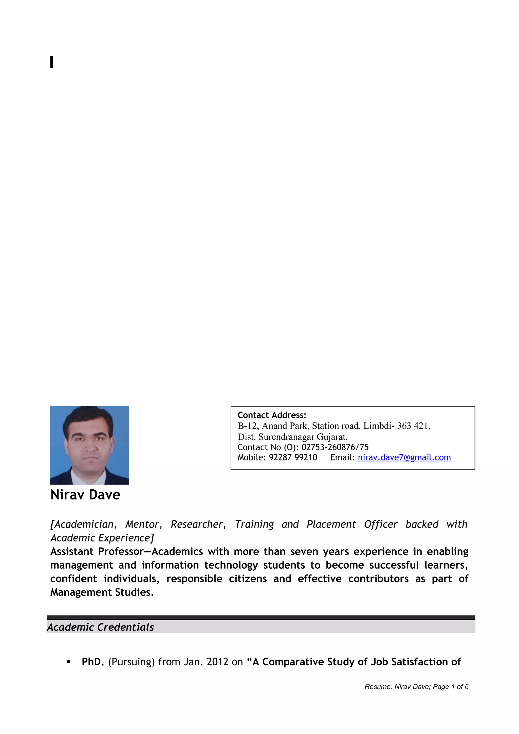 CV-Nirav Dave(Academics) | PDF