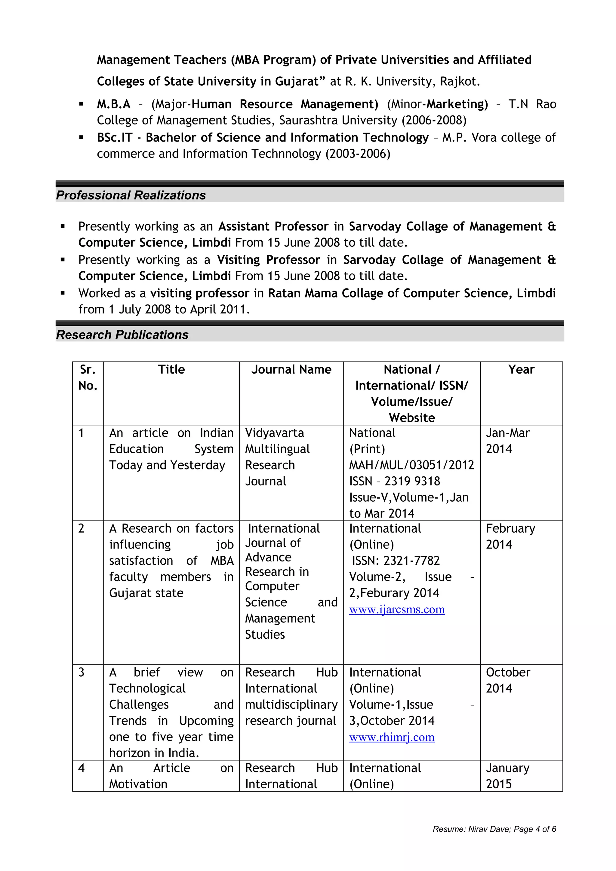 CV-Nirav Dave(Academics) | PDF