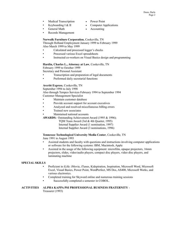 Darla dunn resume | DOC | Professional School | Postgraduate Education