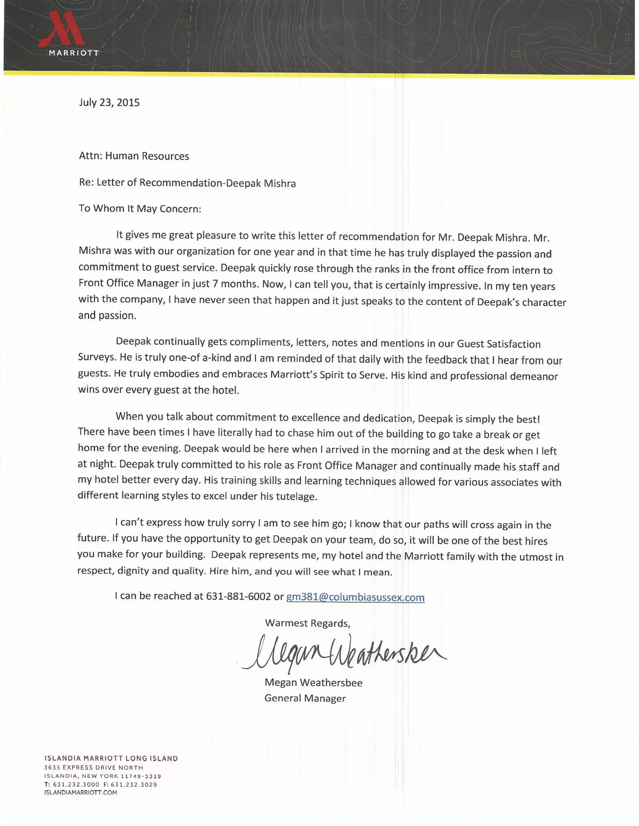 Letter of Recommendation Islandia Marriott | PDF