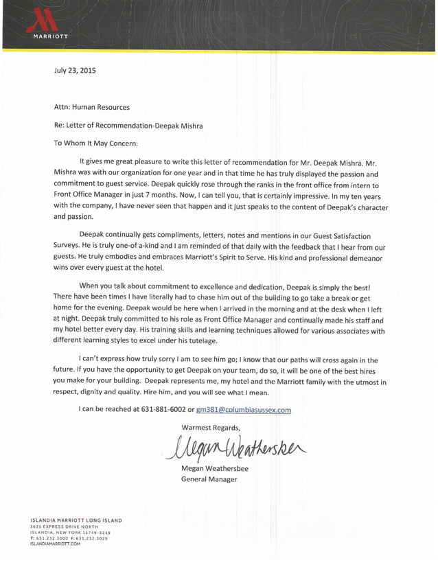 Letter of Recommendation Islandia Marriott | PDF