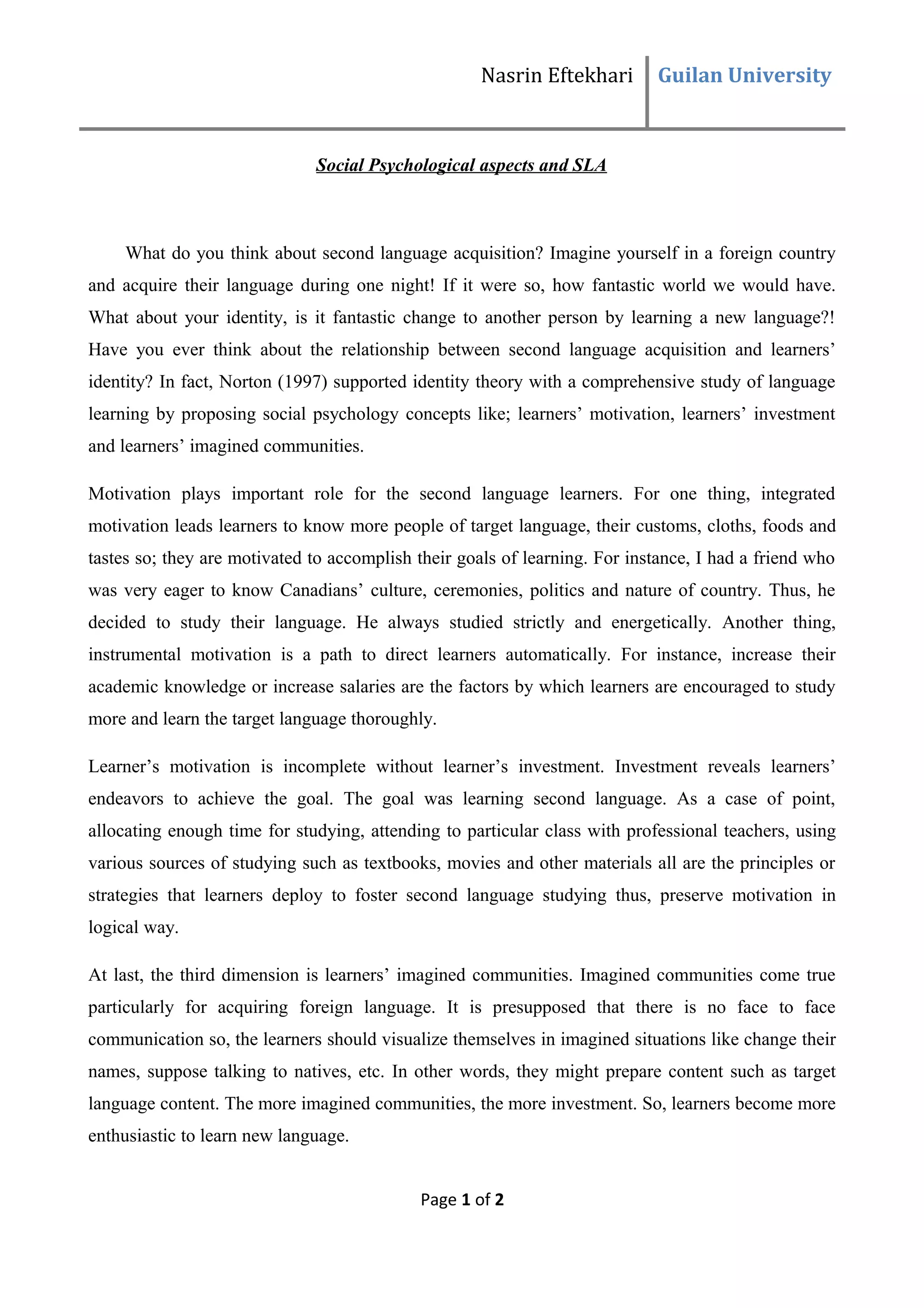 Social Psychological aspects and SLA | DOC | Education