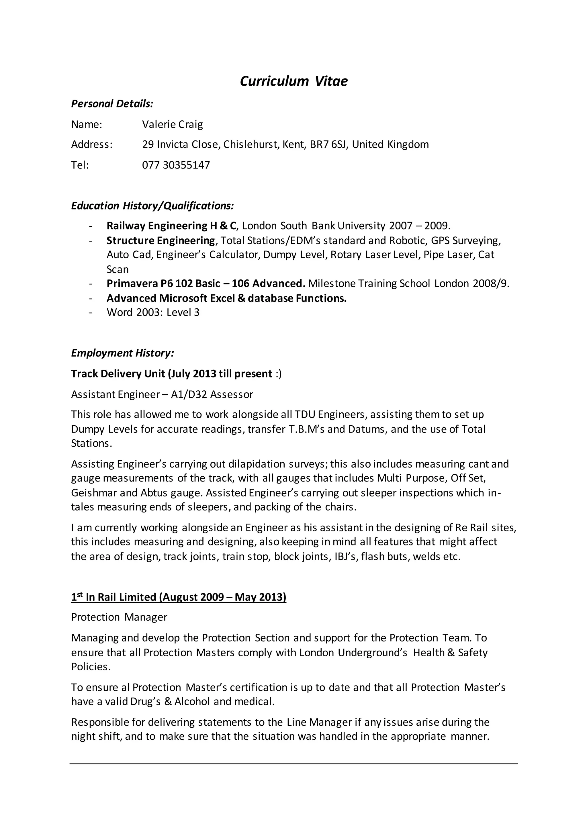 Valerie Craig CV Nov 2014 | DOCX | Rail Travel | Travel Type