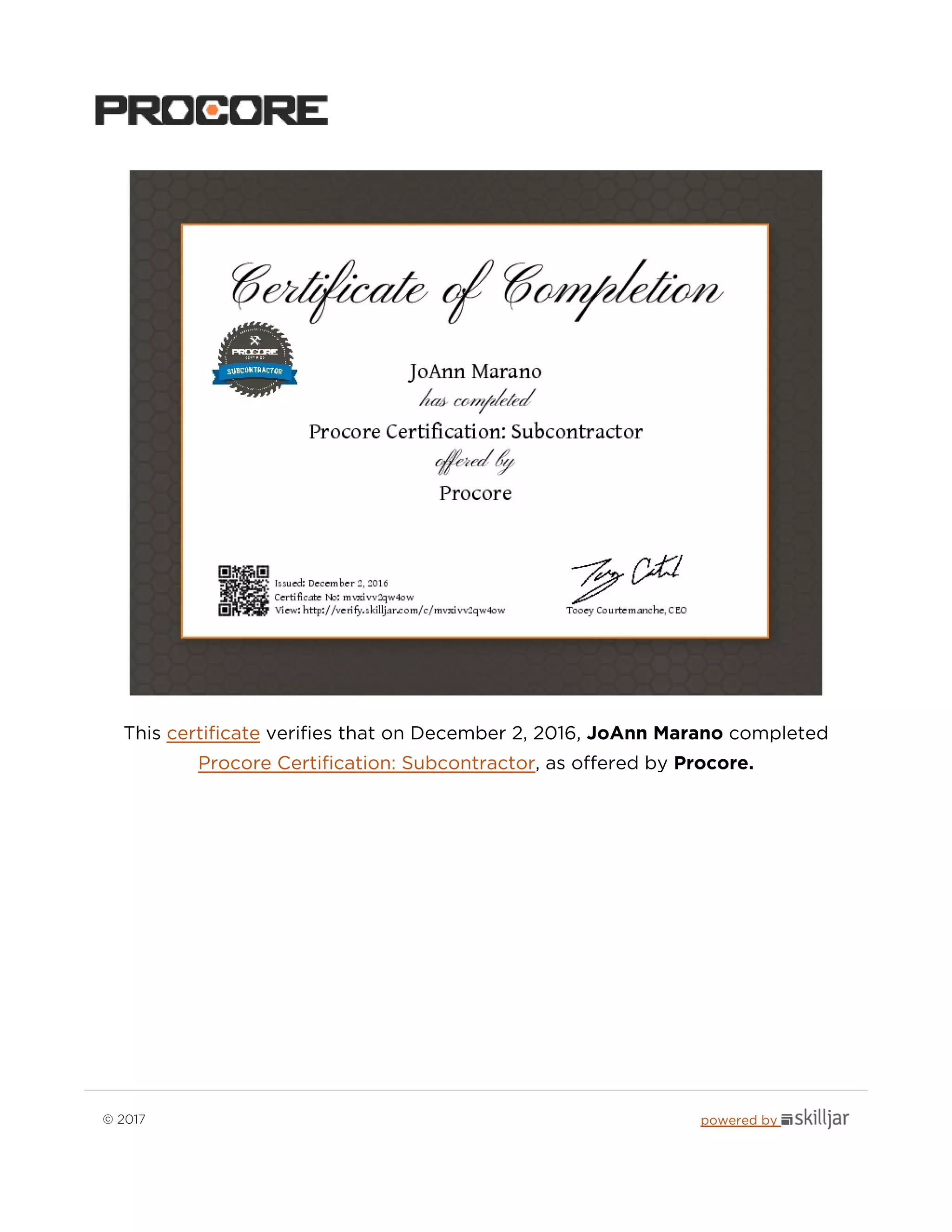Procore Subcontractor Certification | PDF