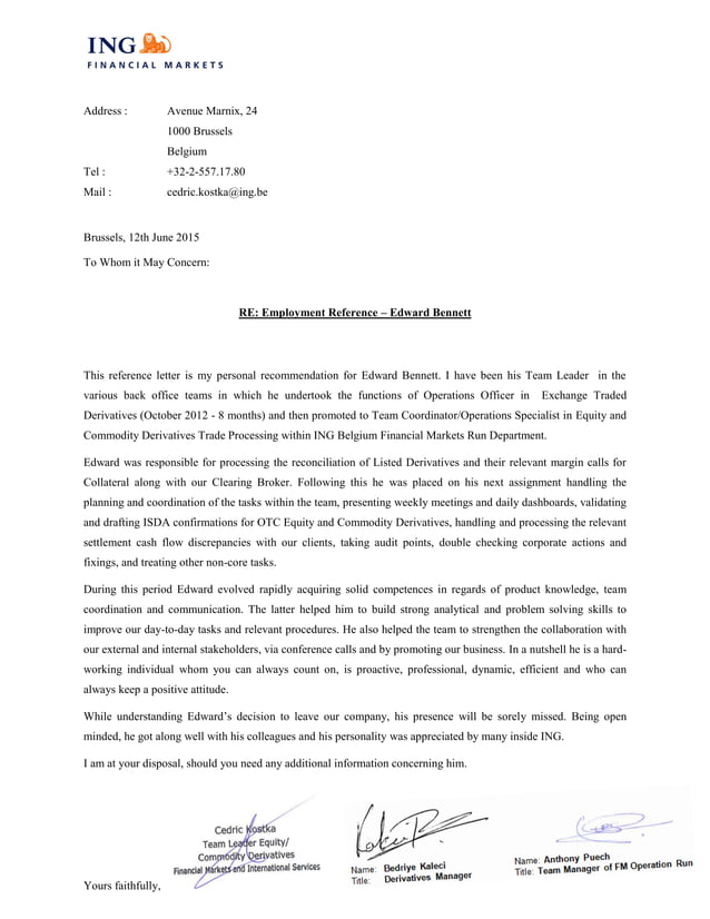 2015 - ING Financial Markets - Recommendation Letter | PDF
