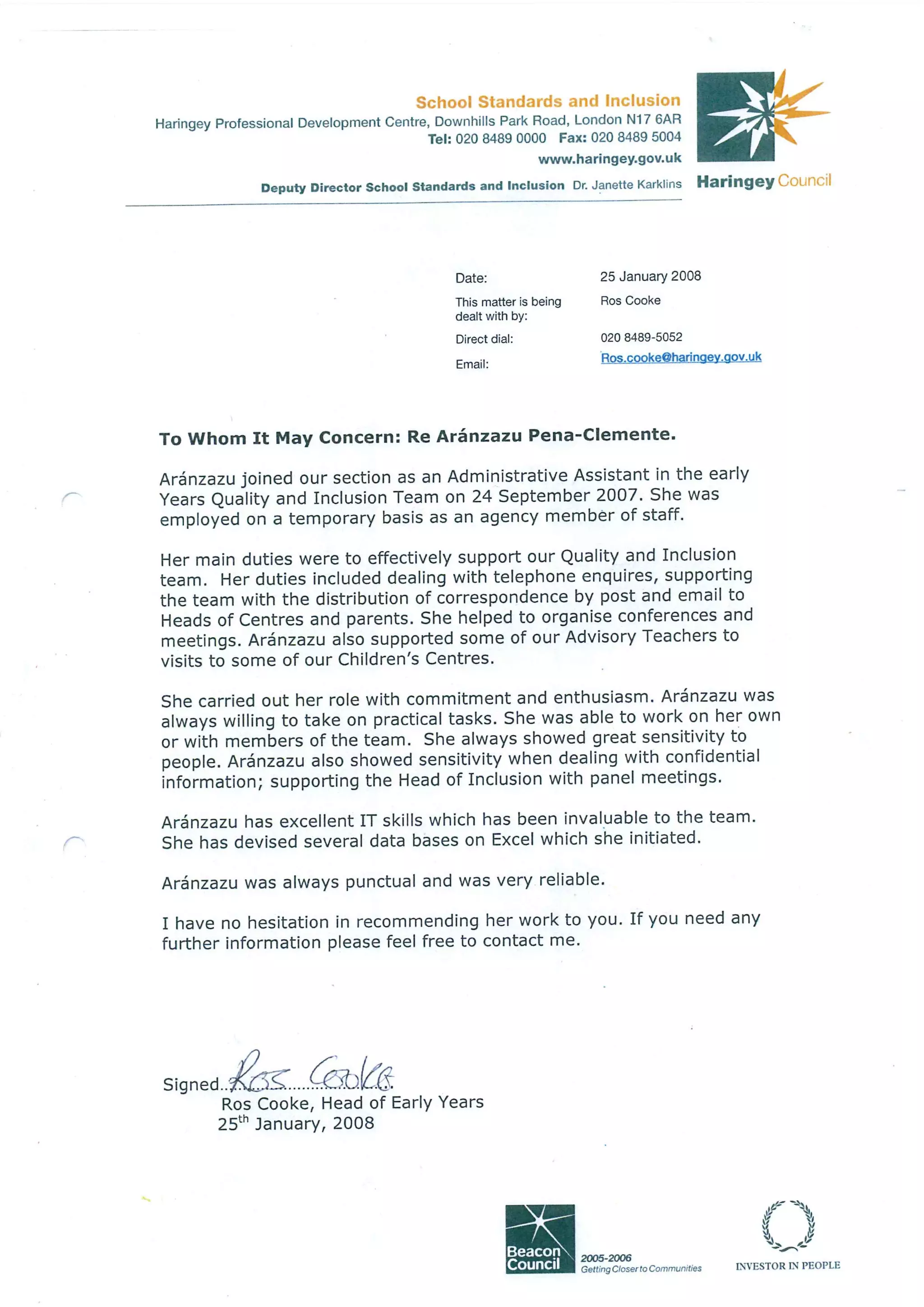 Haringey Council reference letter | PDF