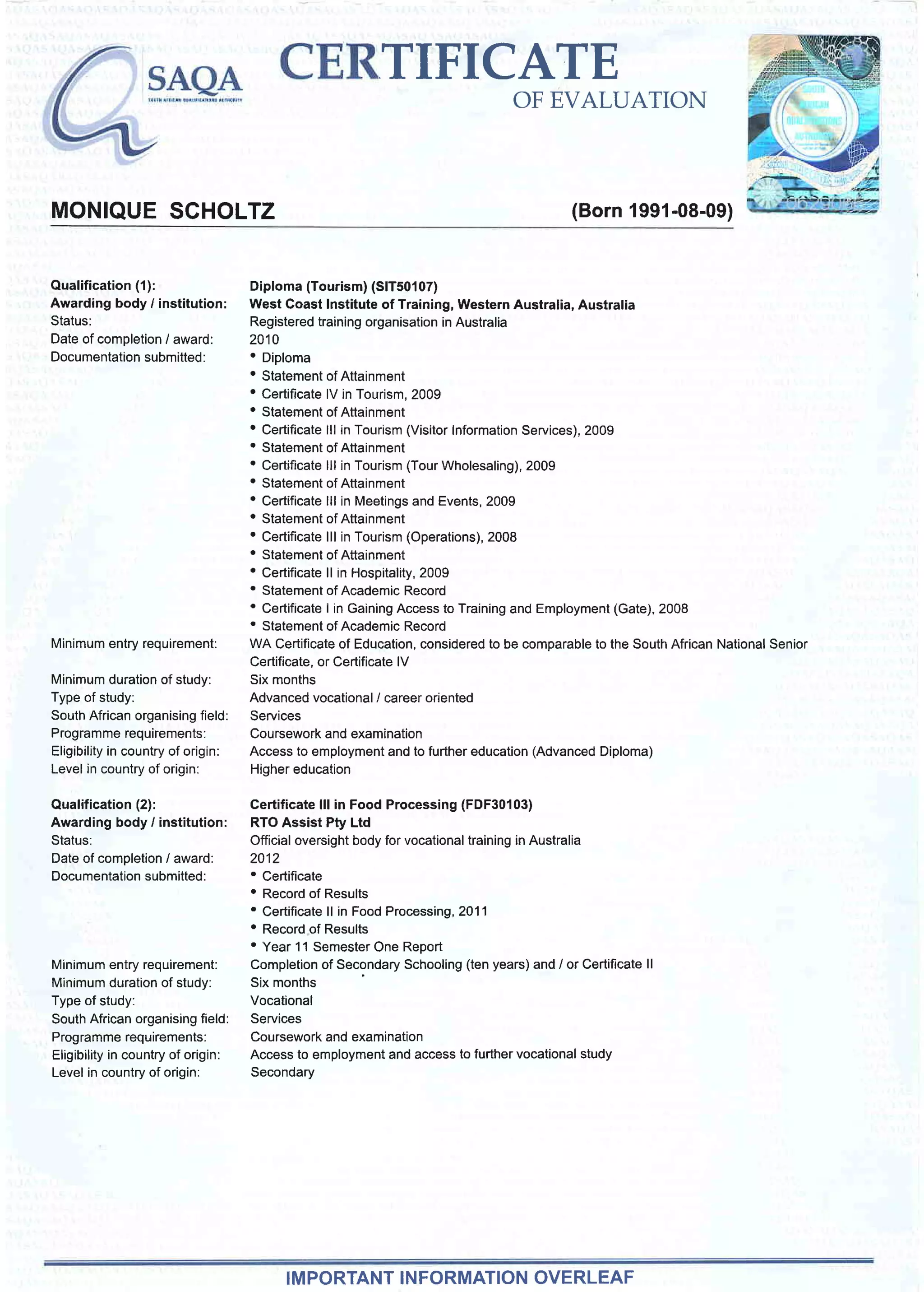 SAQA Certificate | PDF