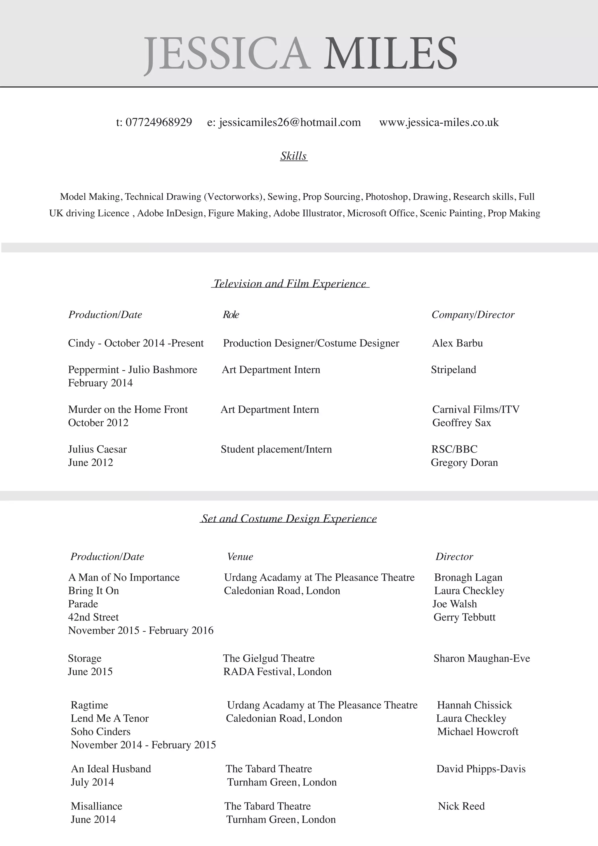 Jessica Miles CV July 2016 | PDF | Theater Venues | Attractions