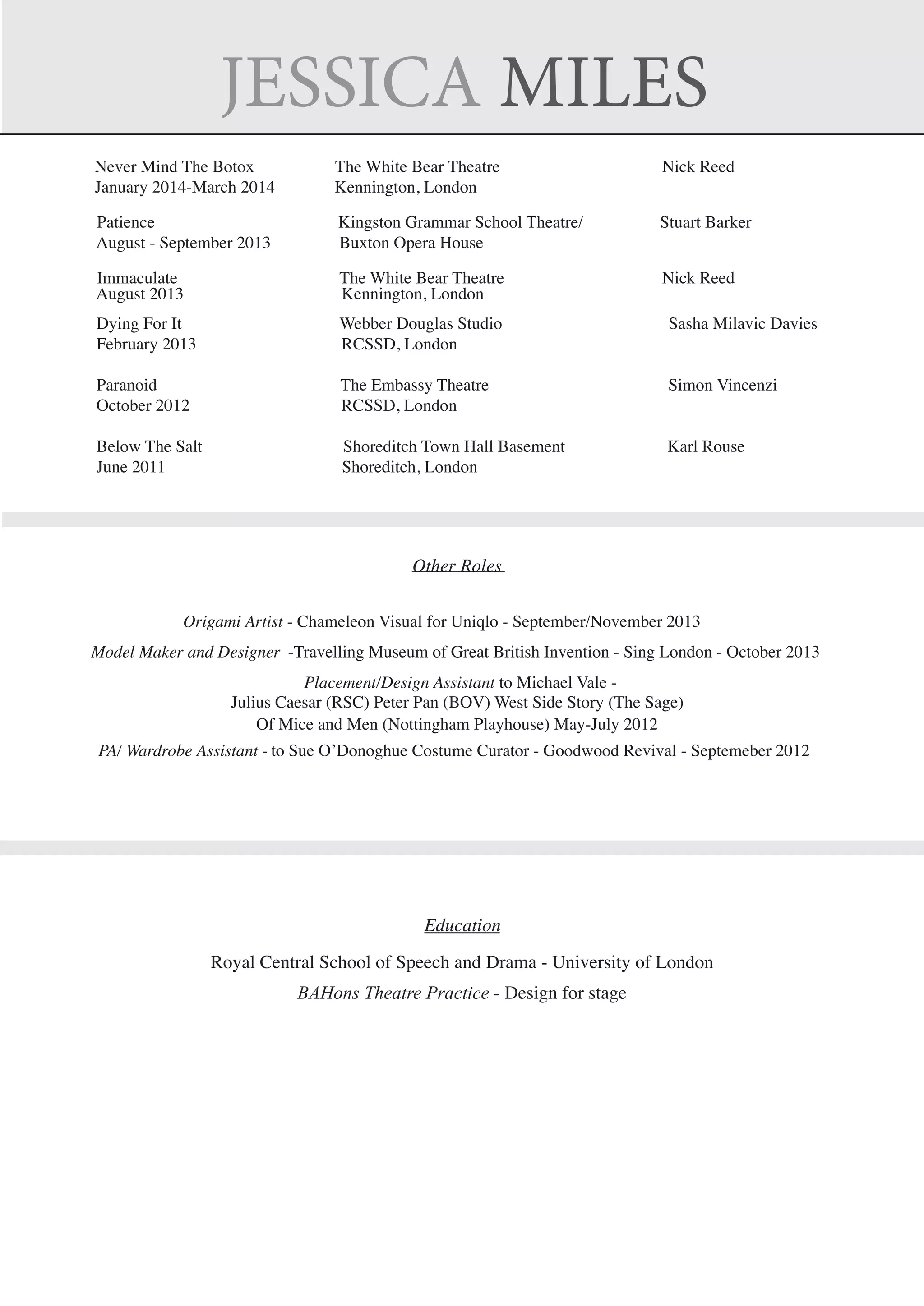 Jessica Miles CV July 2016 | PDF | Theater Venues | Attractions