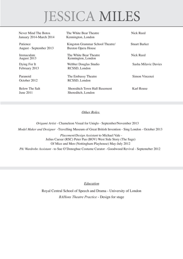 Jessica Miles CV July 2016 | PDF | Theater Venues | Attractions