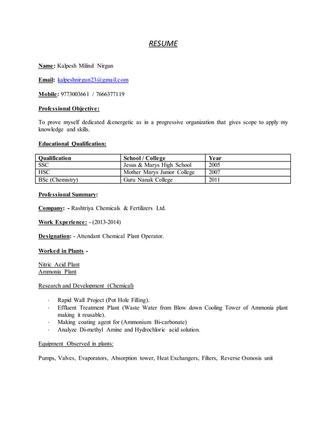 Resume (2) | DOCX | Chemistry | Science
