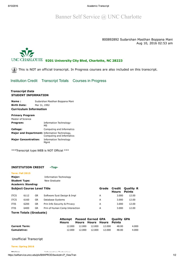 Academic Transcript | PDF | Undergraduate Education | College Education