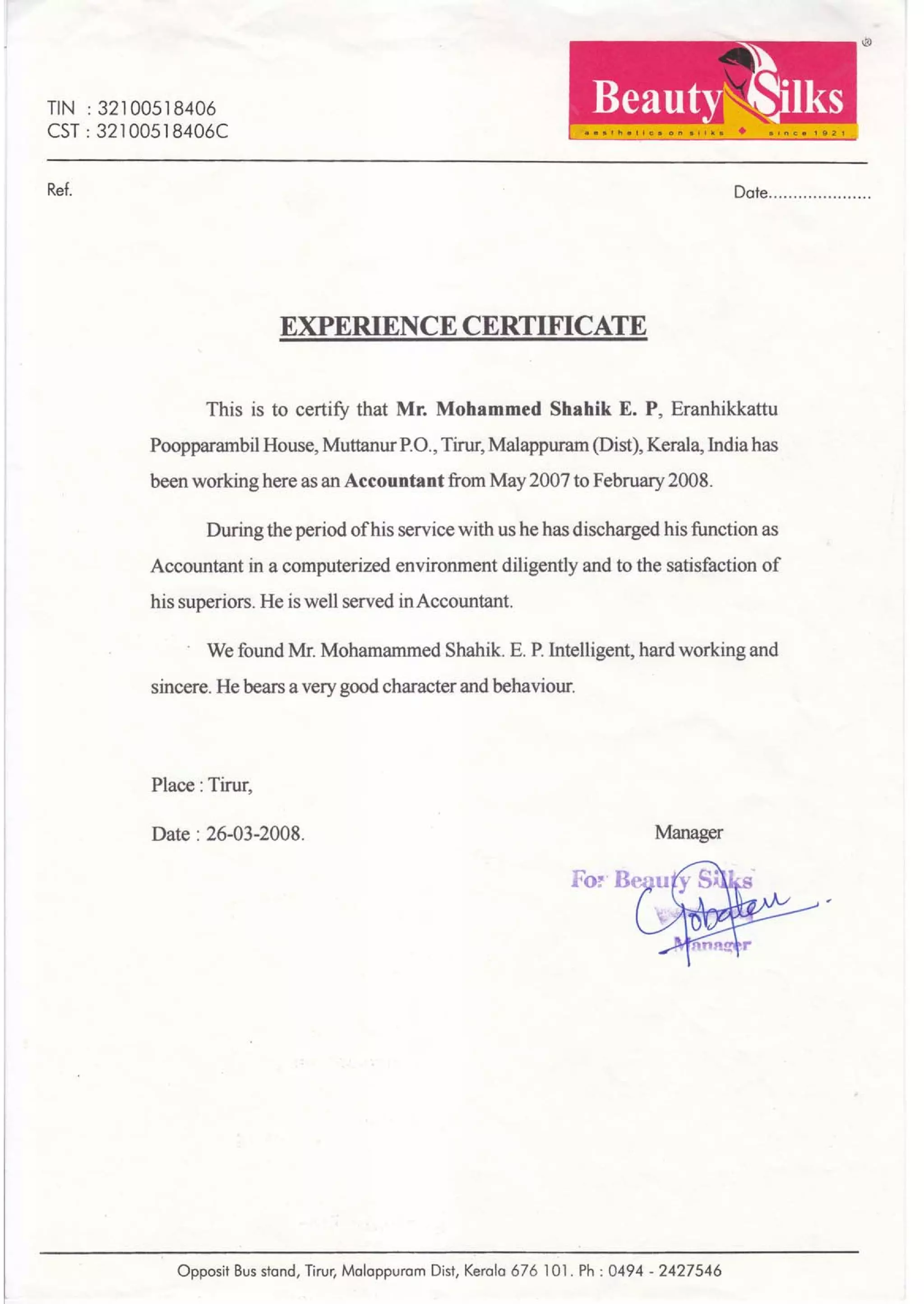 6 - Beauty Silks - Accountant Certificate | PDF