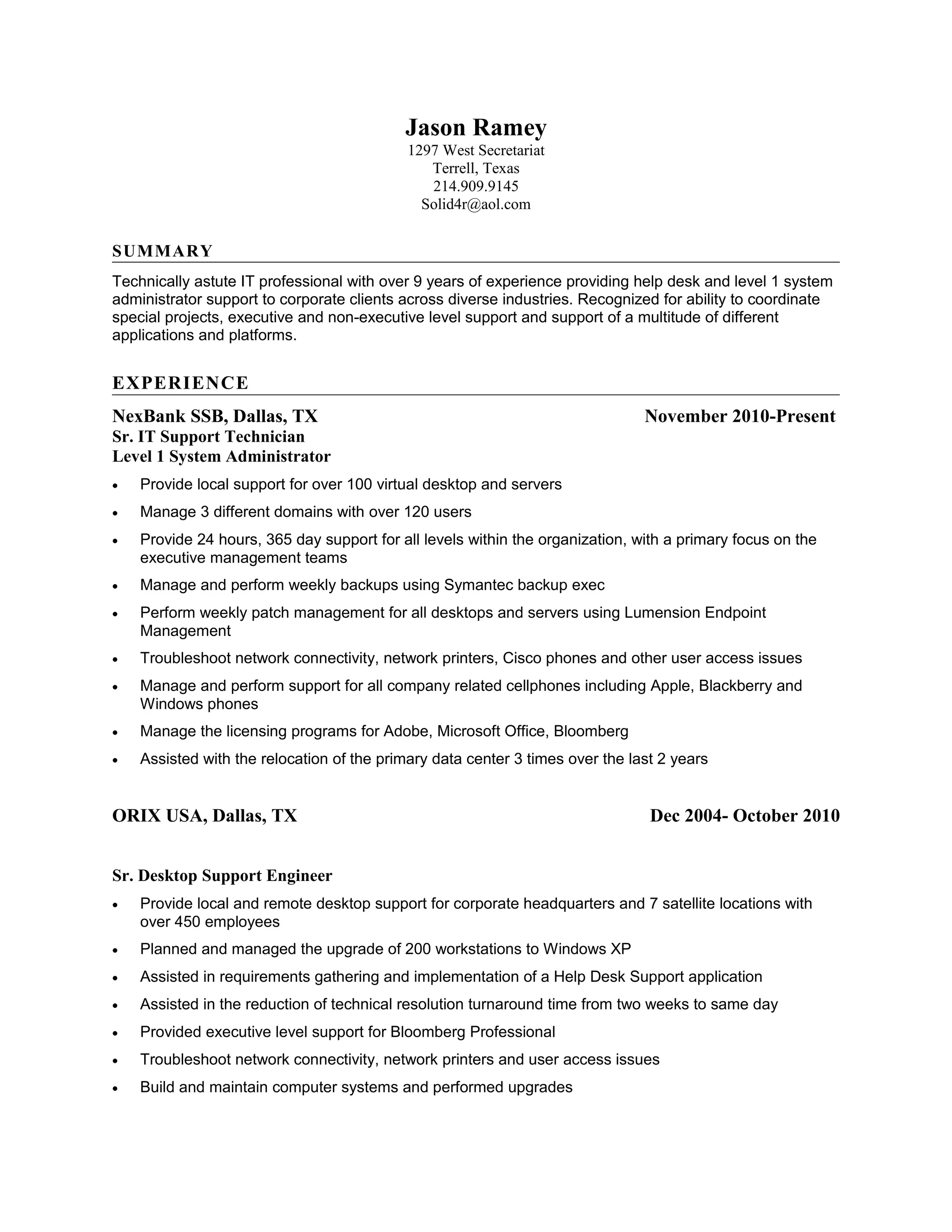 JasonRamey_Resume | DOC | IT and Internet Support | Internet