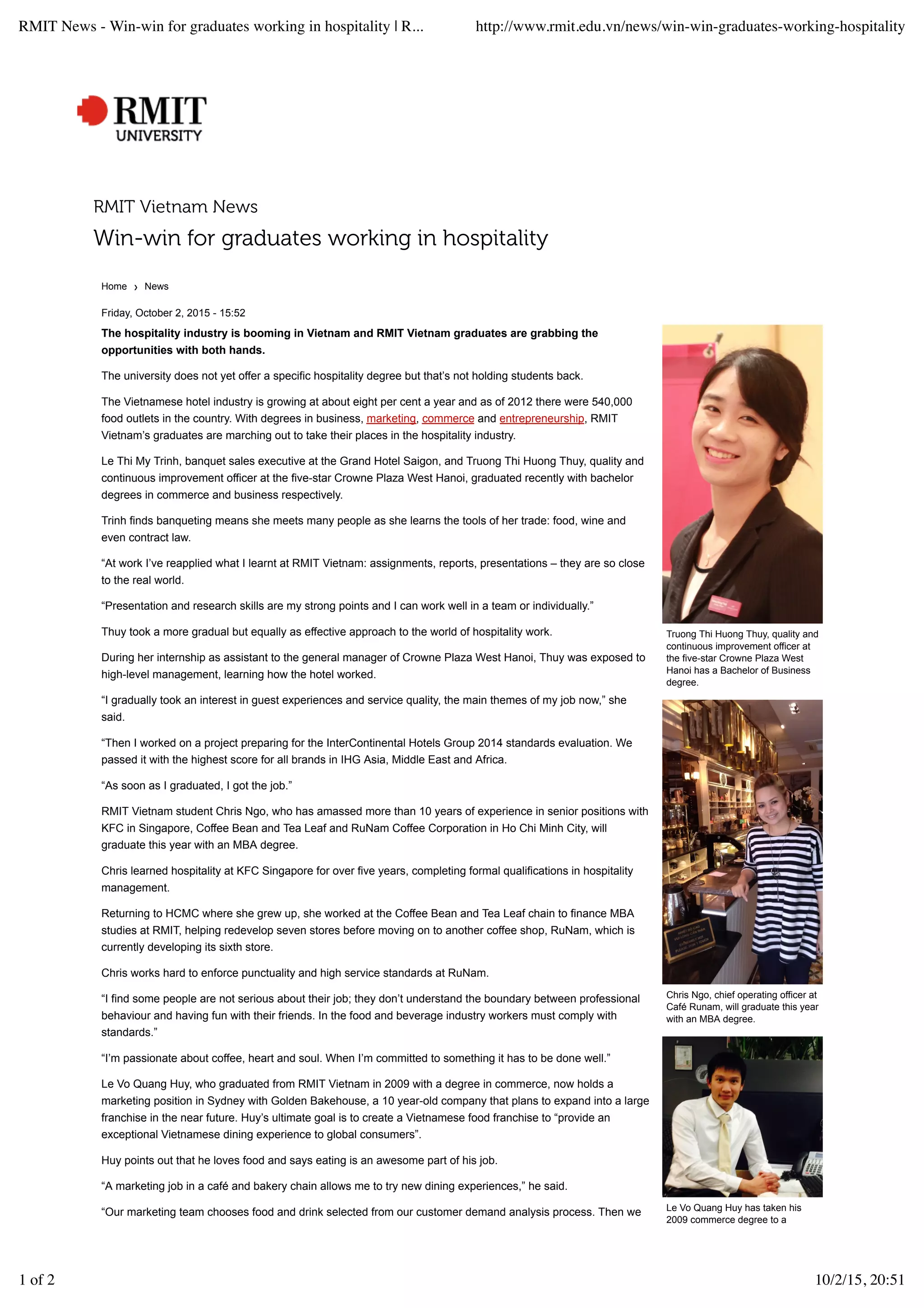 RMIT News - Win-win for graduates working in hospitality | RMIT ...