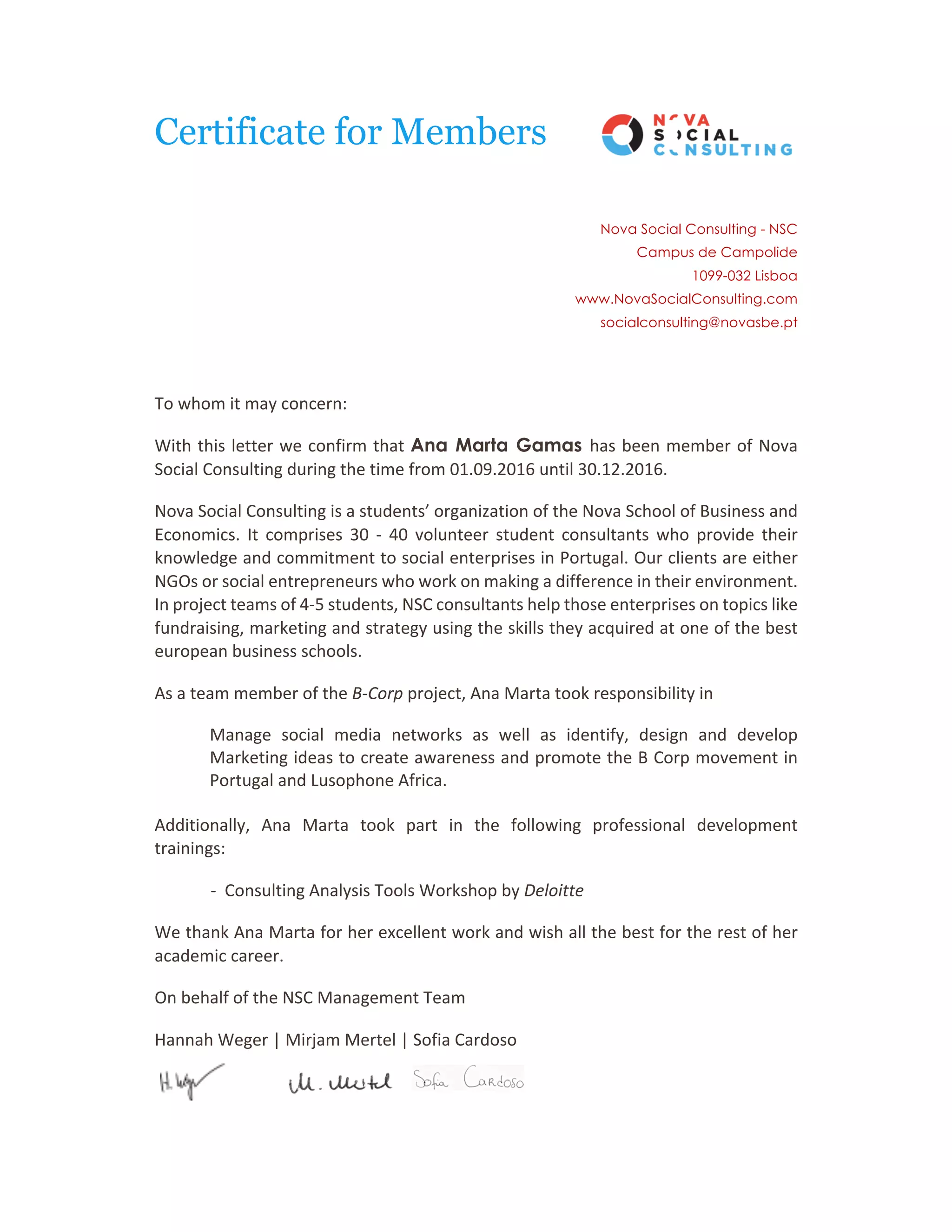 NSC_Certificate_Ana Marta Gamas | PDF
