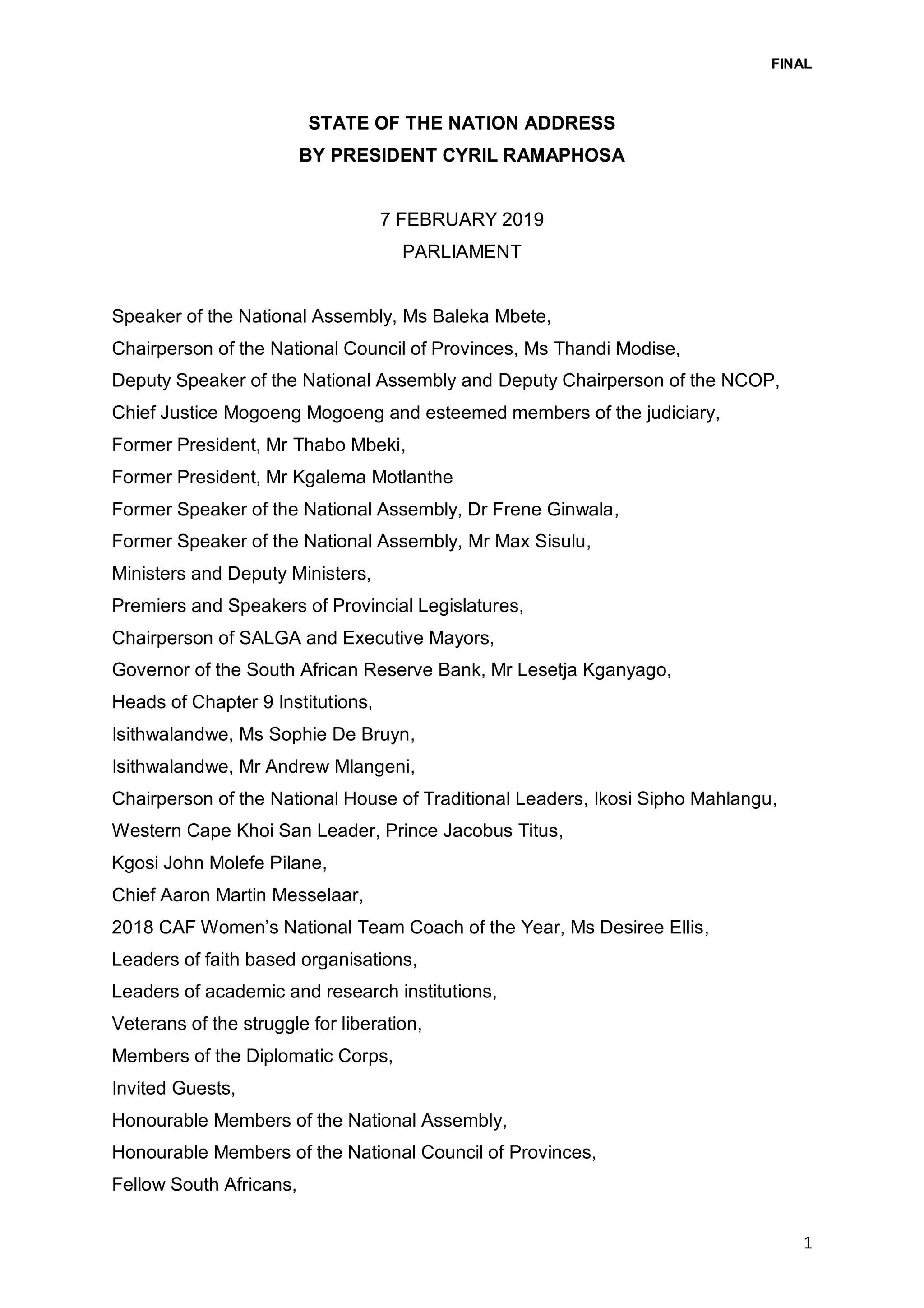 South Africa SONA 2019 speech 1 | PDF