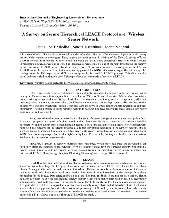 A Survey on Secure Hierarchical LEACH Protocol over Wireless Sensor Network | PDF | Internet of ...