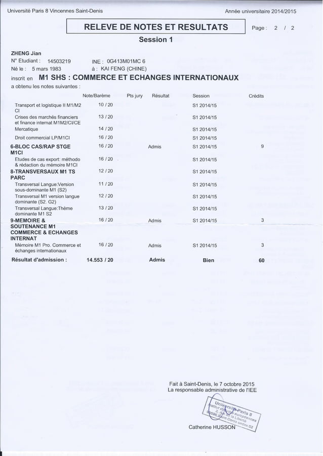Jian ZHENG RELEVE DE NOTES ET RESULTATS MENTION BIEN PAGE 2 | PDF