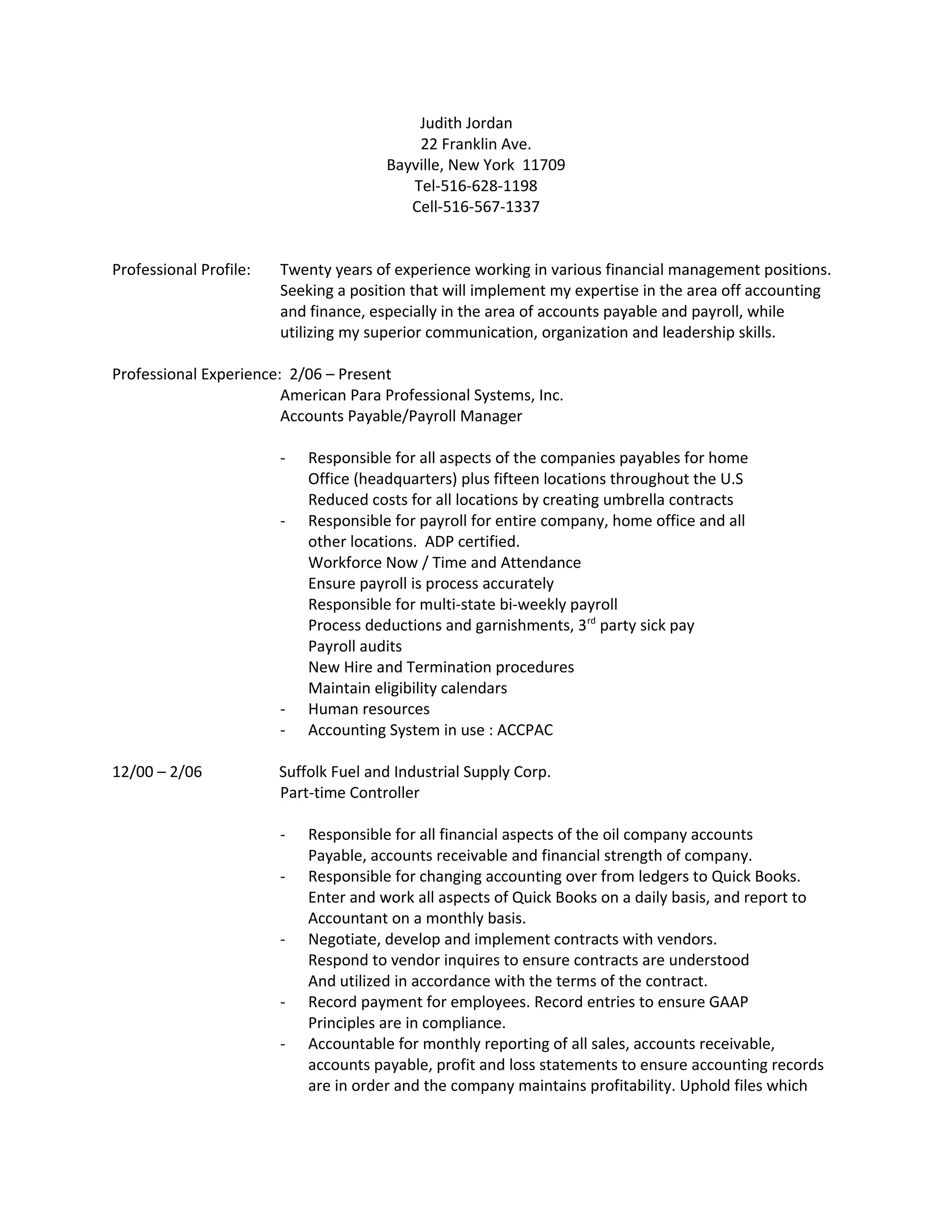 Judith Jordan new resume | DOC