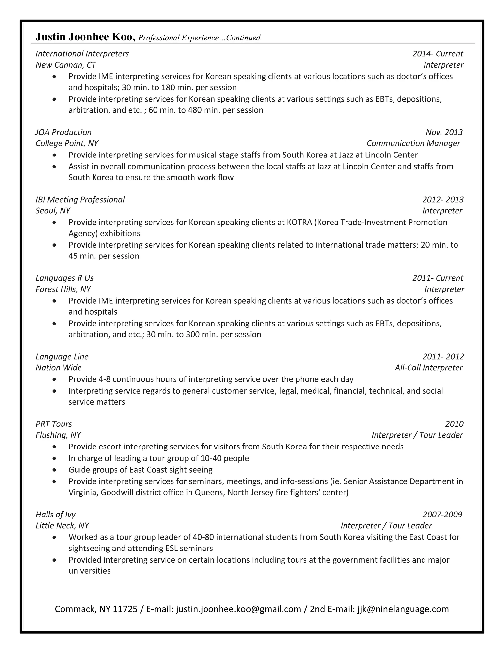 Resume of Justin Joonhee Koo (Interpreter) | PDF