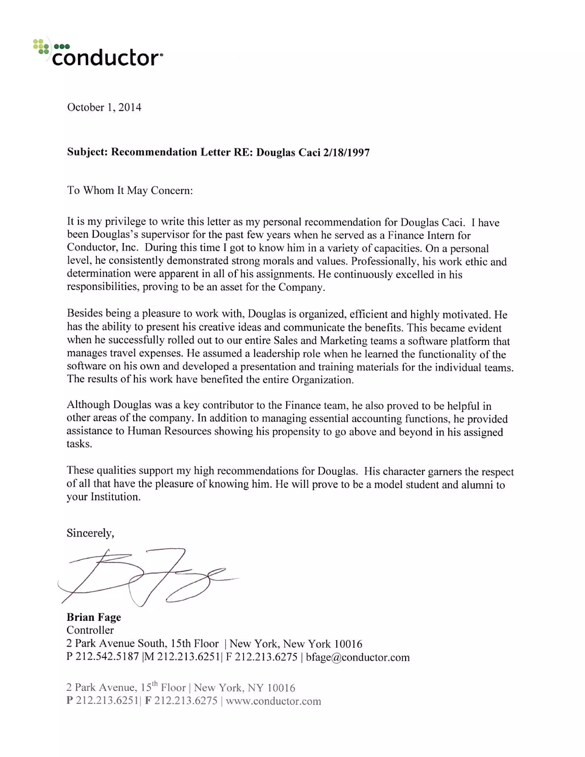 Doug Reference Letter from Brian Fage | PDF