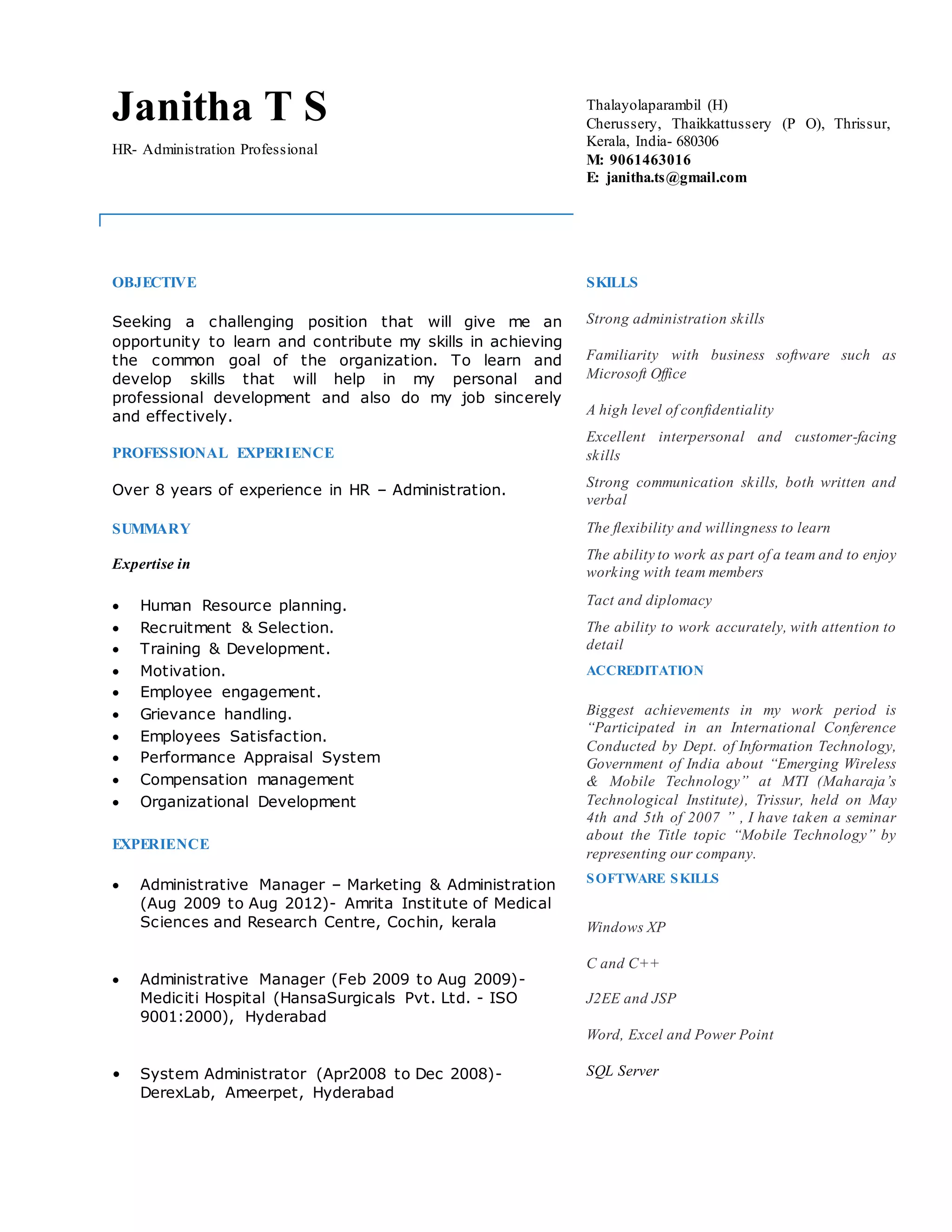 HR -Admin Professional-Janitha T S | DOCX