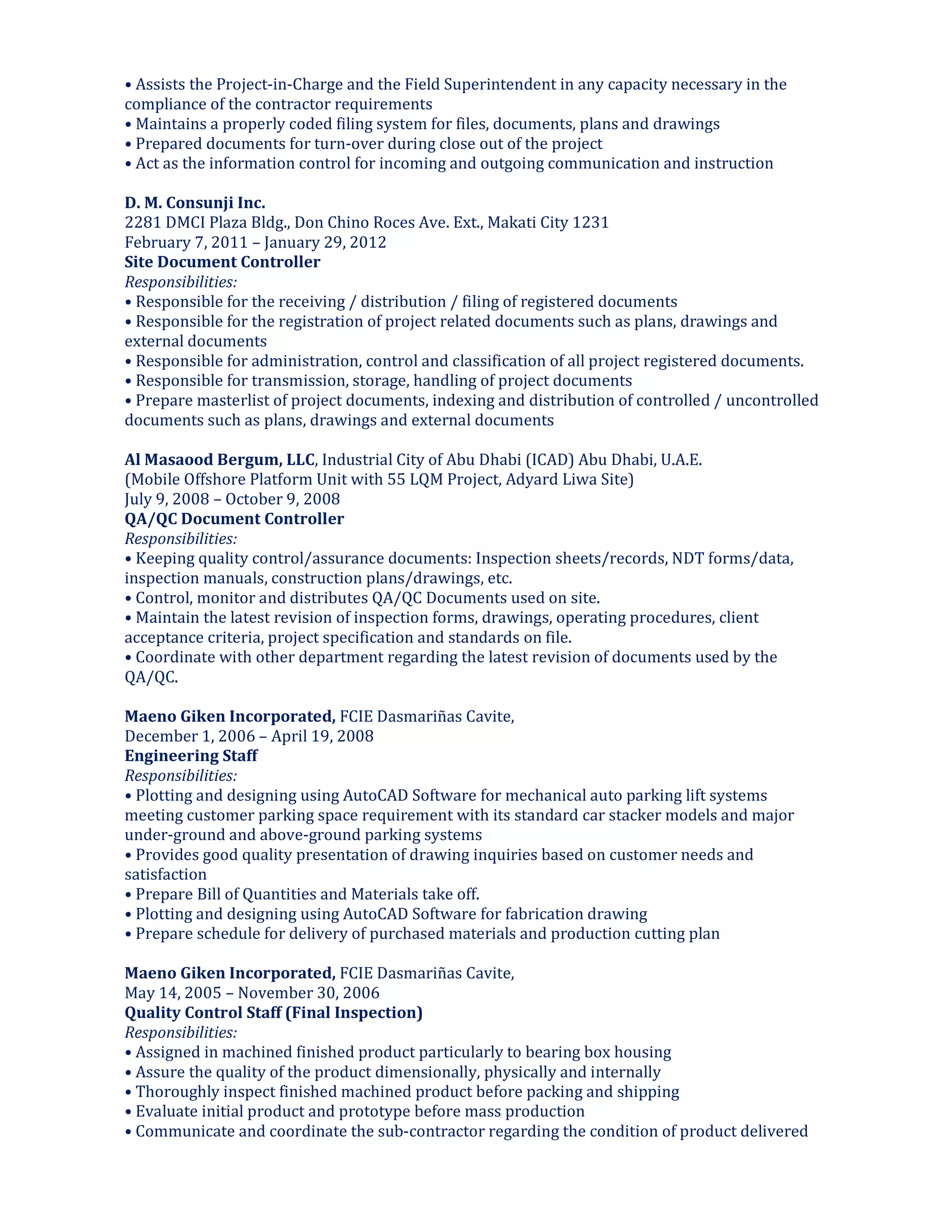 Mirasol Resume 10-14-14 | PDF | Civil Engineering Industry | Industries