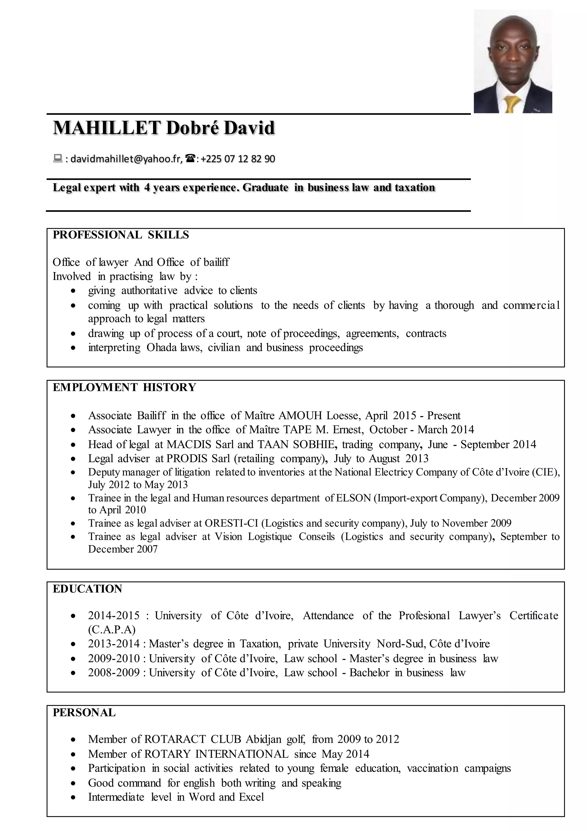 cv actualisé de david Mahillet,juriste, Aout 2015(anglais) | PDF