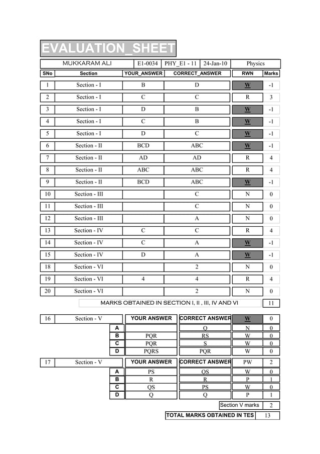 E11 Physics Evaluation Sheet | PDF