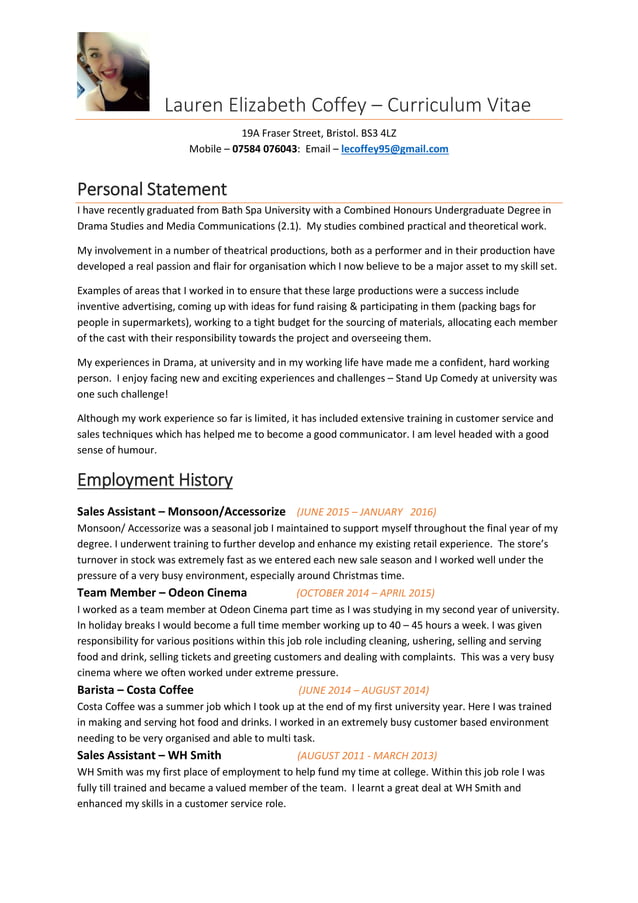 Lauren Coffey CV Oct 16 | PDF | Undergraduate Education | College Education