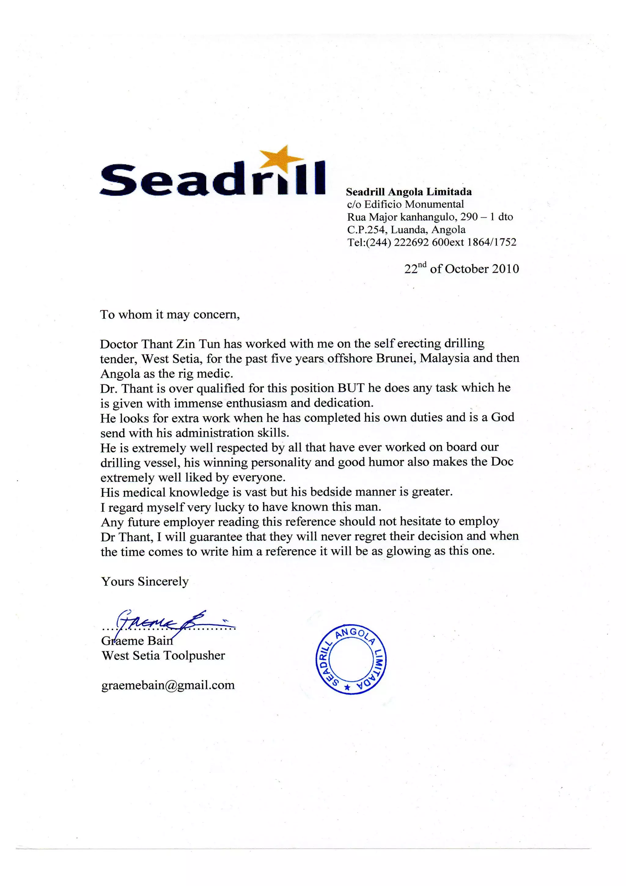 Offshore Installation Manager- Seadrill, West Setia- Graeme Bain | PDF