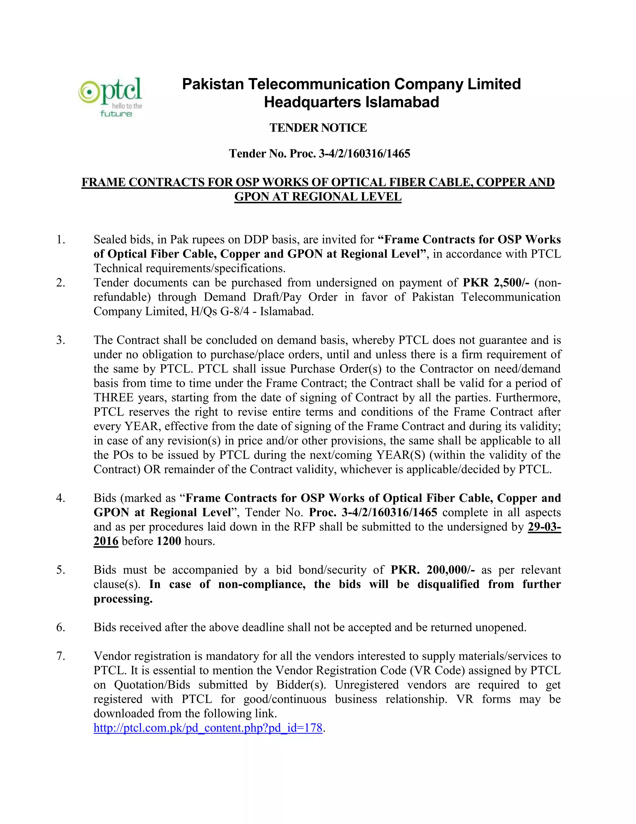 1465- Tender Notice (Frame Agreements for OSP Works) | PDF
