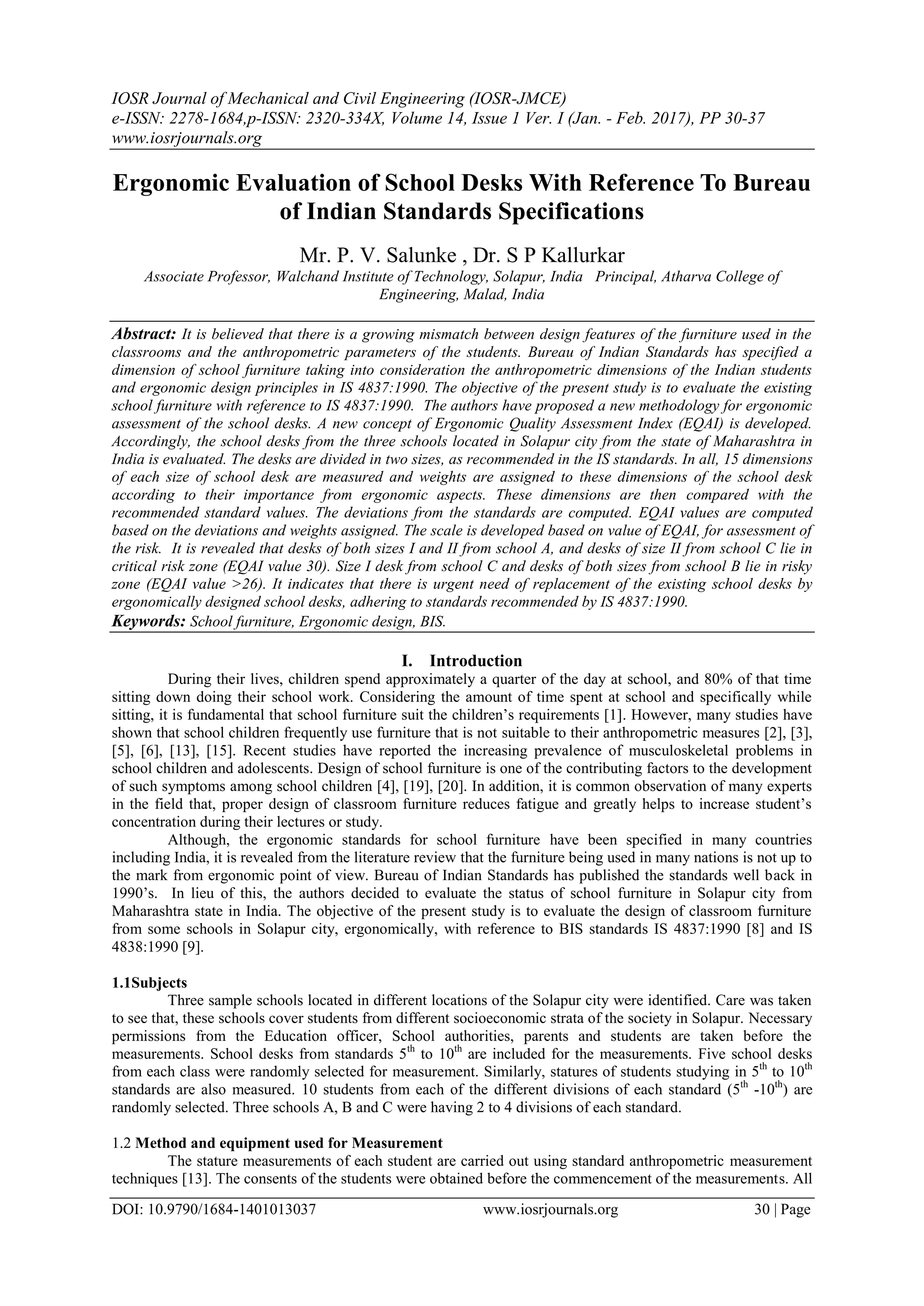 Ergonomic Evaluation of School Desks With Reference To Bureau of Indian ...