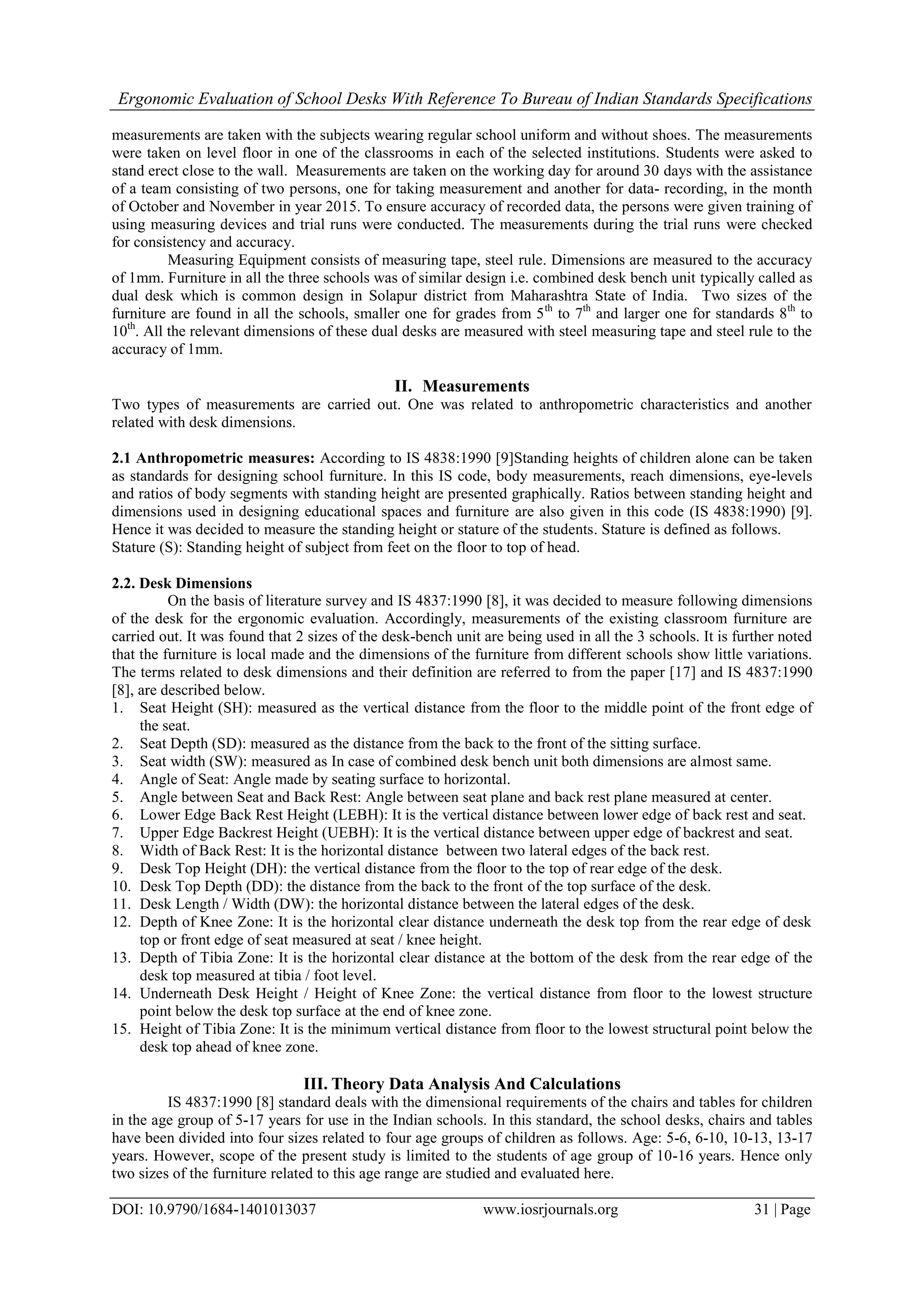 Ergonomic Evaluation of School Desks With Reference To Bureau of Indian ...