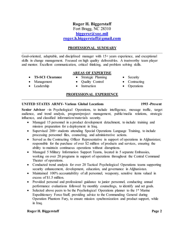 Roger Biggerstaff Resume072715 | DOCX | Defense Industry | Industries