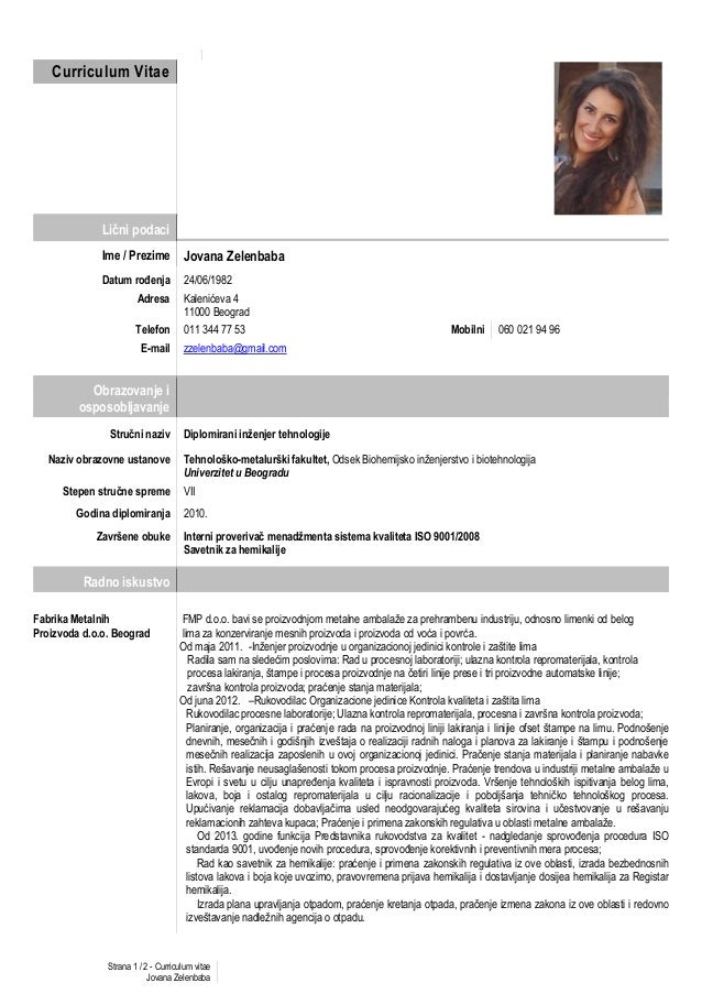 CV - Jovana Zelenbaba (srpski)