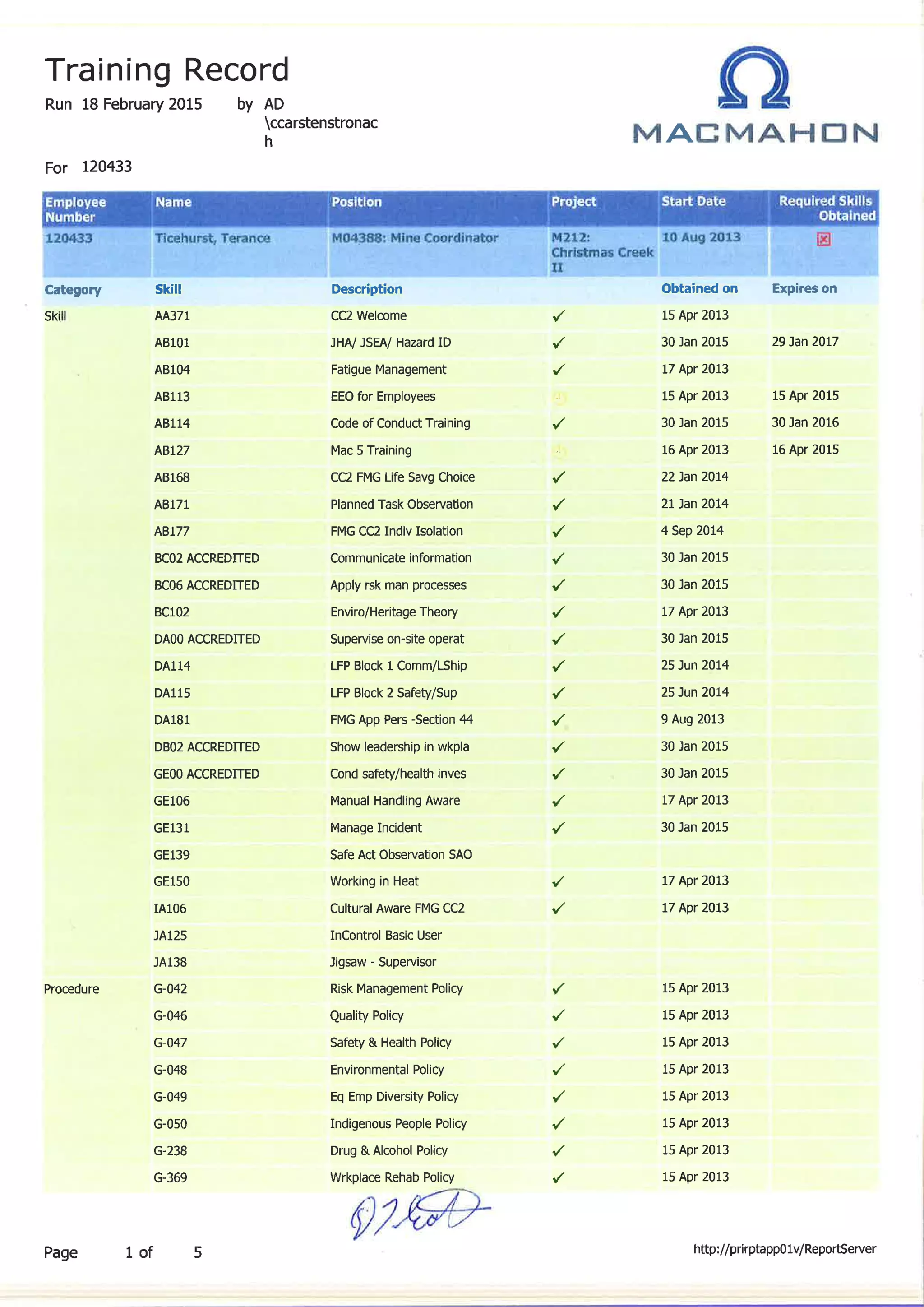 Training record signed | PDF
