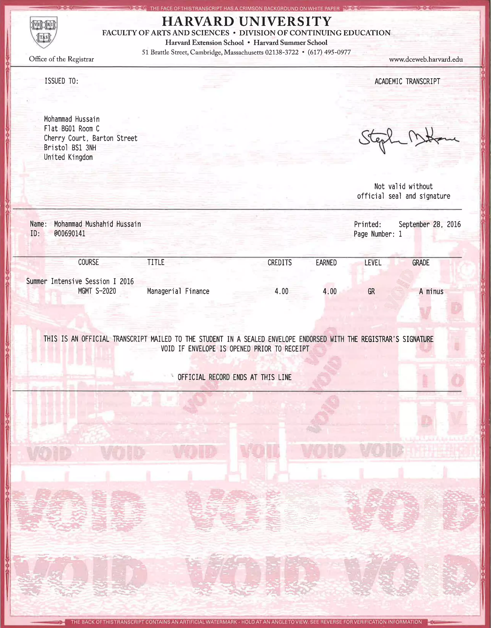 Harvard University Transcript - | PDF