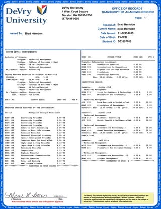 Official eTranscript - DeVry University - Bachelor of Science - Brad ...